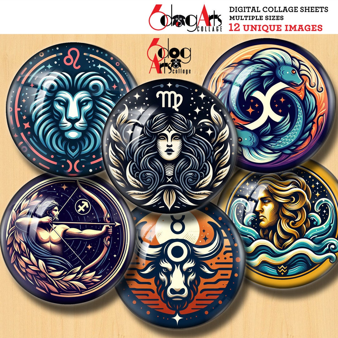 Zodiac Signs Digital Collage Sheets Printable Download for Bottle Caps ...