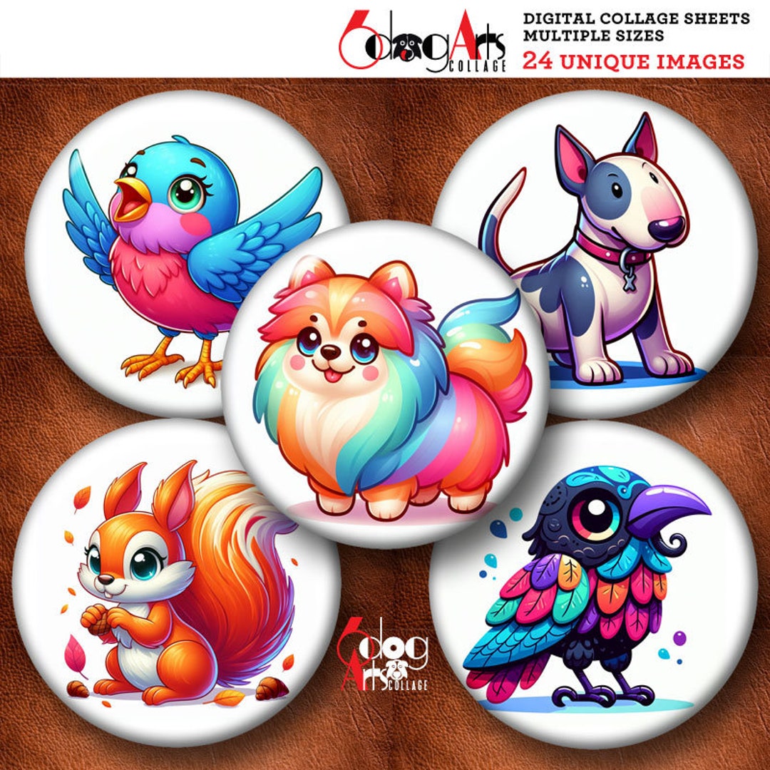 Cartoon Animals Digital Collage Sheets Printable 2.755", 2.088, 1.85 ...