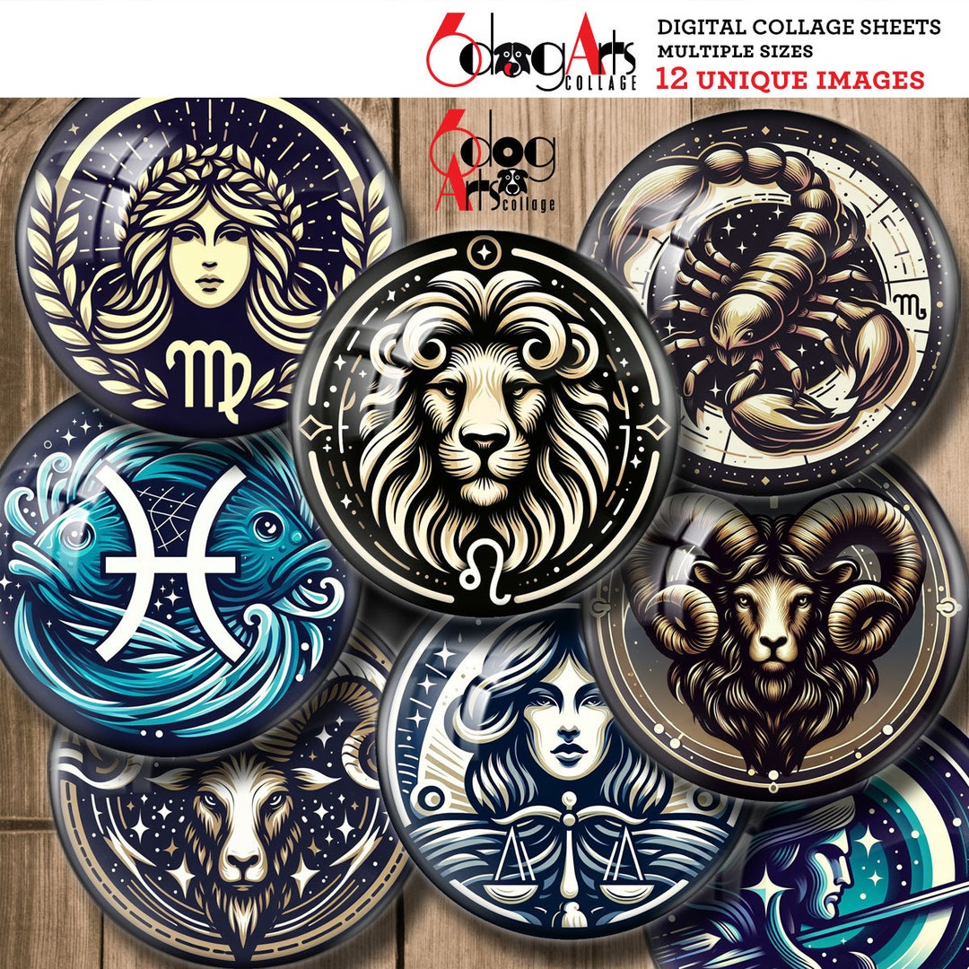 Zodiac Signs Digital Collage Sheets Printable Download for Bottle Caps ...