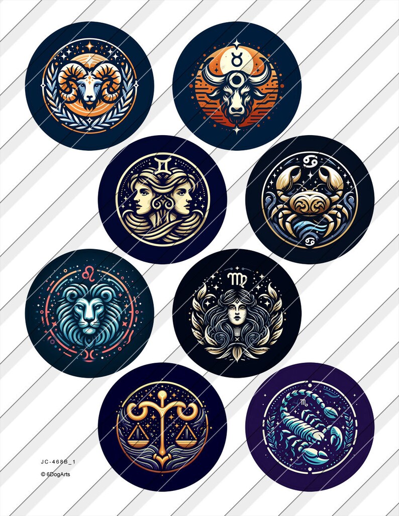 Zodiac Signs Digital Collage Sheets Printable 2.755", 1.85", 1.629", 1. ...