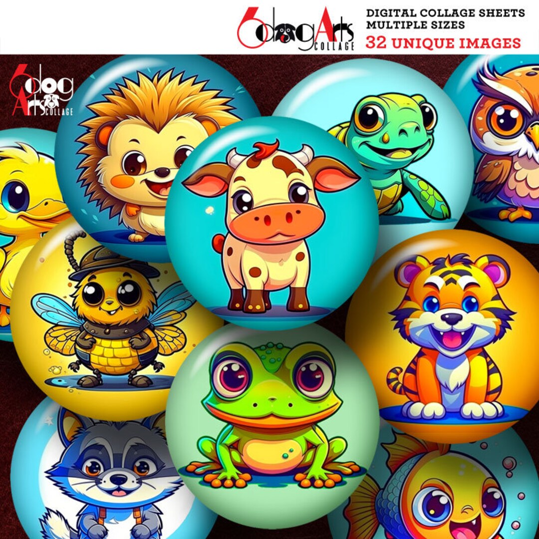 Cartoon Animals Digital Collage Sheets Printable Download Bottle Caps ...