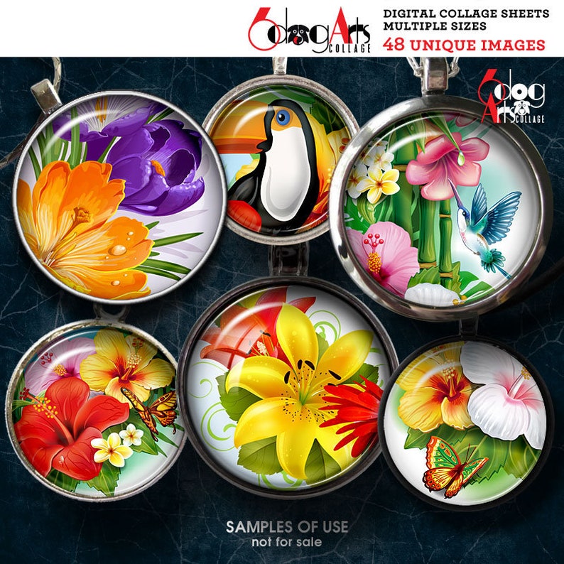 Tropical Flowers Digital Collage Sheets: 1.5" 1.25" 1" 30 25mm Circles ...