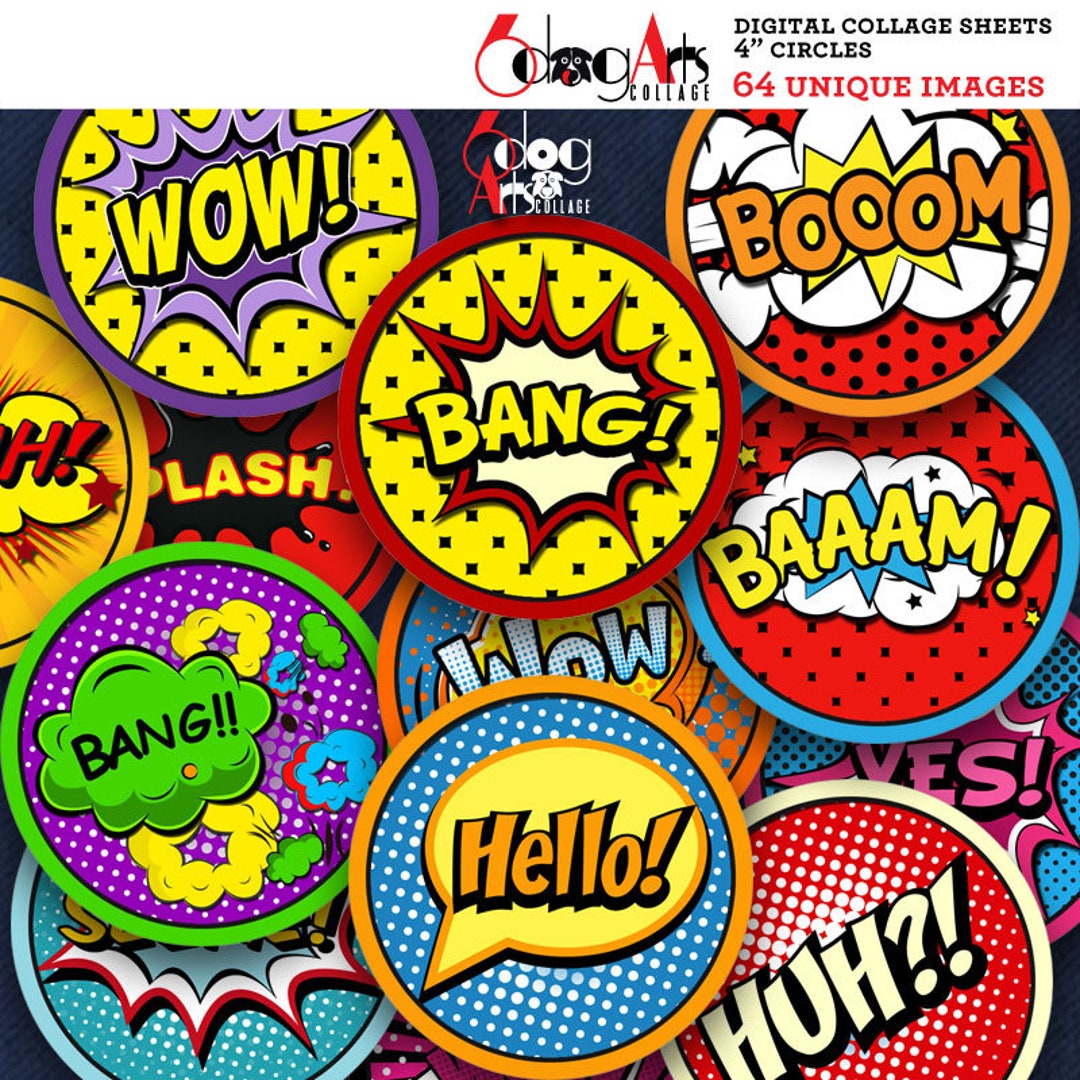 64 Circles Bundle 4" Comic Book Exclamations Digital Collage Sheets ...