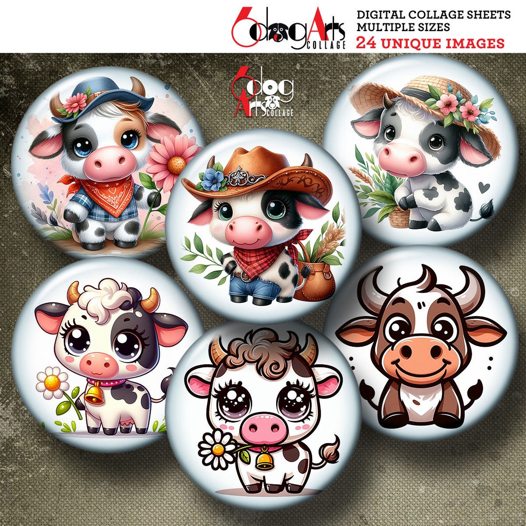 Cartoon Cow Digital Collage Sheets Printable Download for Glass ...