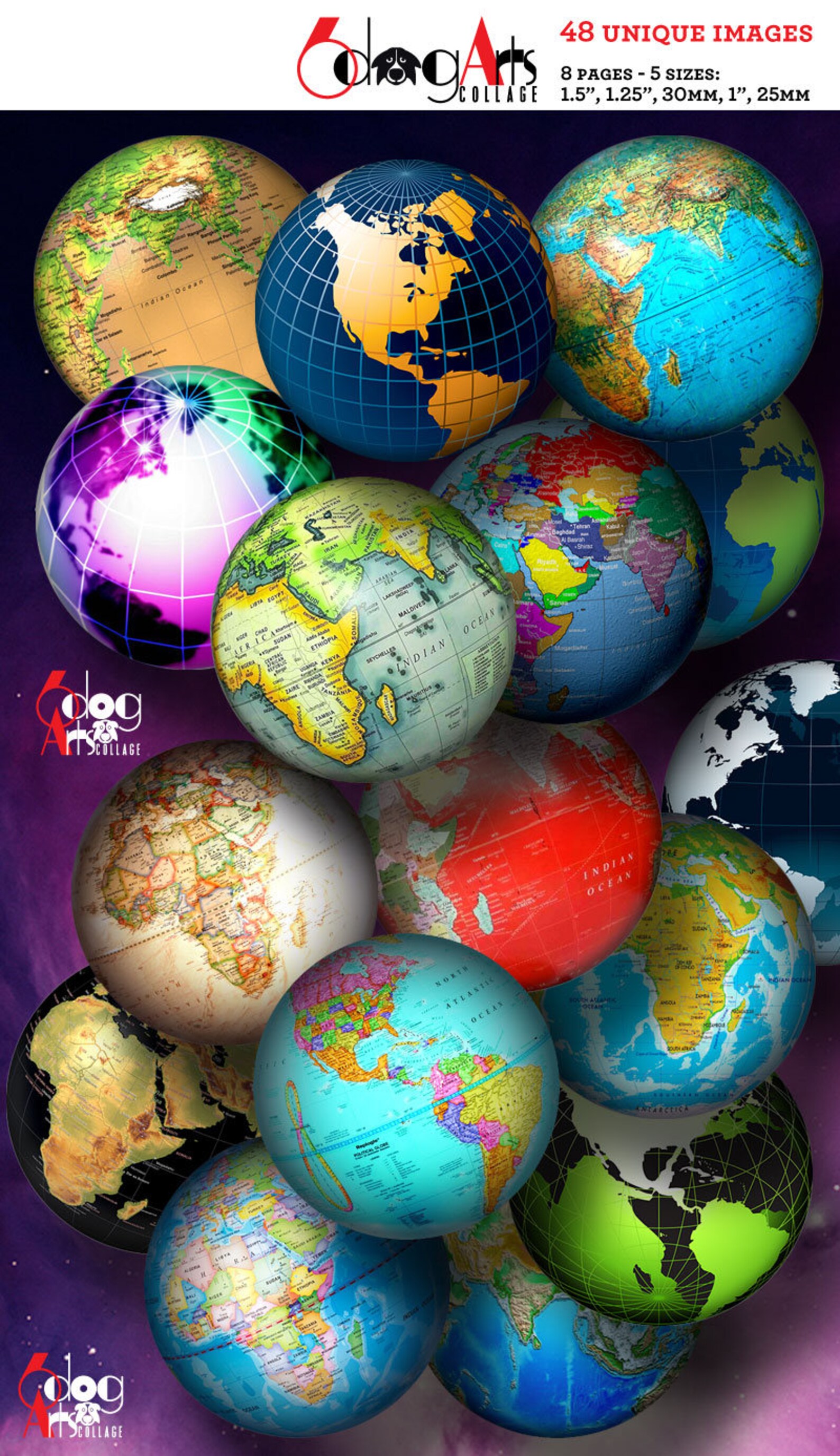 Globe Earth Map Digital Collage Sheets Printable Downloads for | Etsy