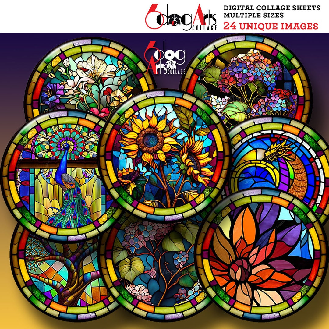Stained Glass Digital Collage Sheets Printable 2.755", 2.088", 1.85", 1 ...