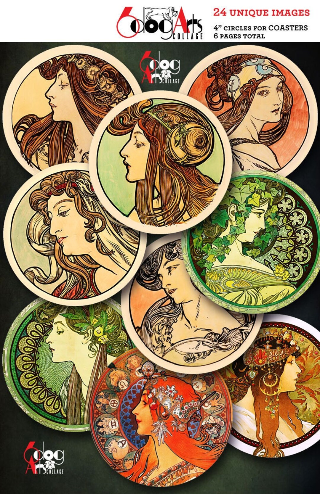 Alphonse Mucha 4 Circles Digital Collage Sheets - Etsy