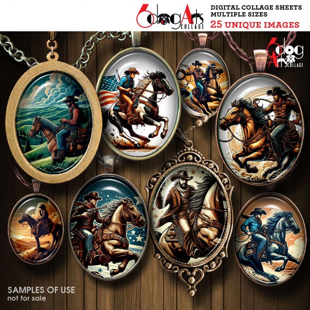 Western Cowboy Collage Sheets Printable Images Pendants Glass Cabochons ...