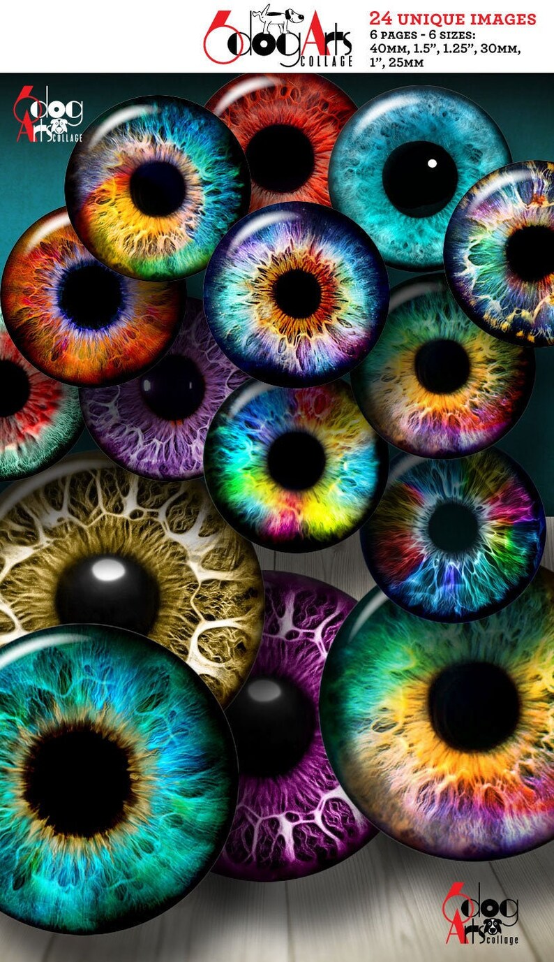 Rainbow Eyes Digital Collage Sheets Printable 40mm 1.5" 1.25" 1" 30mm ...