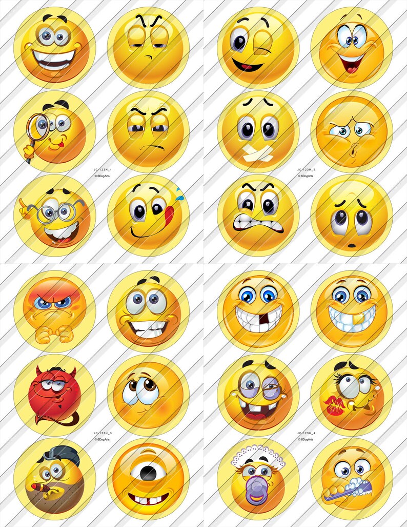 Smileys, Emoji, Emoticons Digital Collage Sheets 3.451" Circles for 3 ...