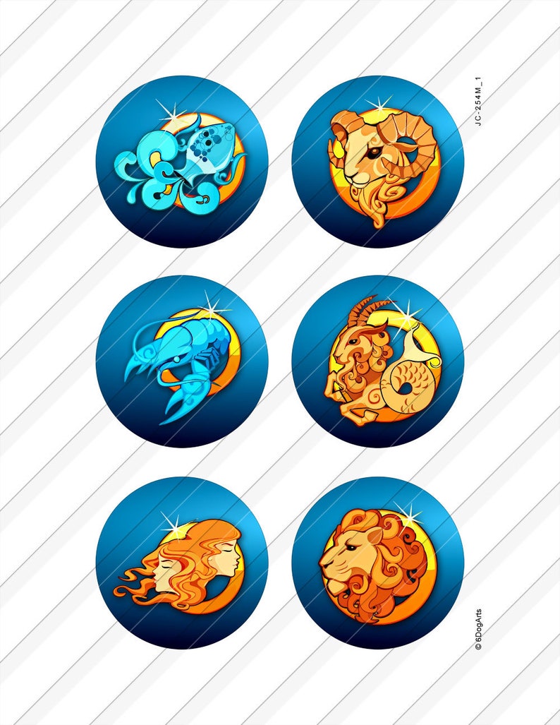 Zodiac Signs Digital Collage Sheets 2.625", 1.85", 1.629" 1.375" (1.313 ...