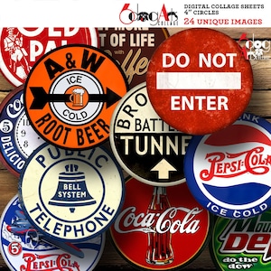 Vintage Signs Digital Collage Sheets Printable Download 4" Circles for ...