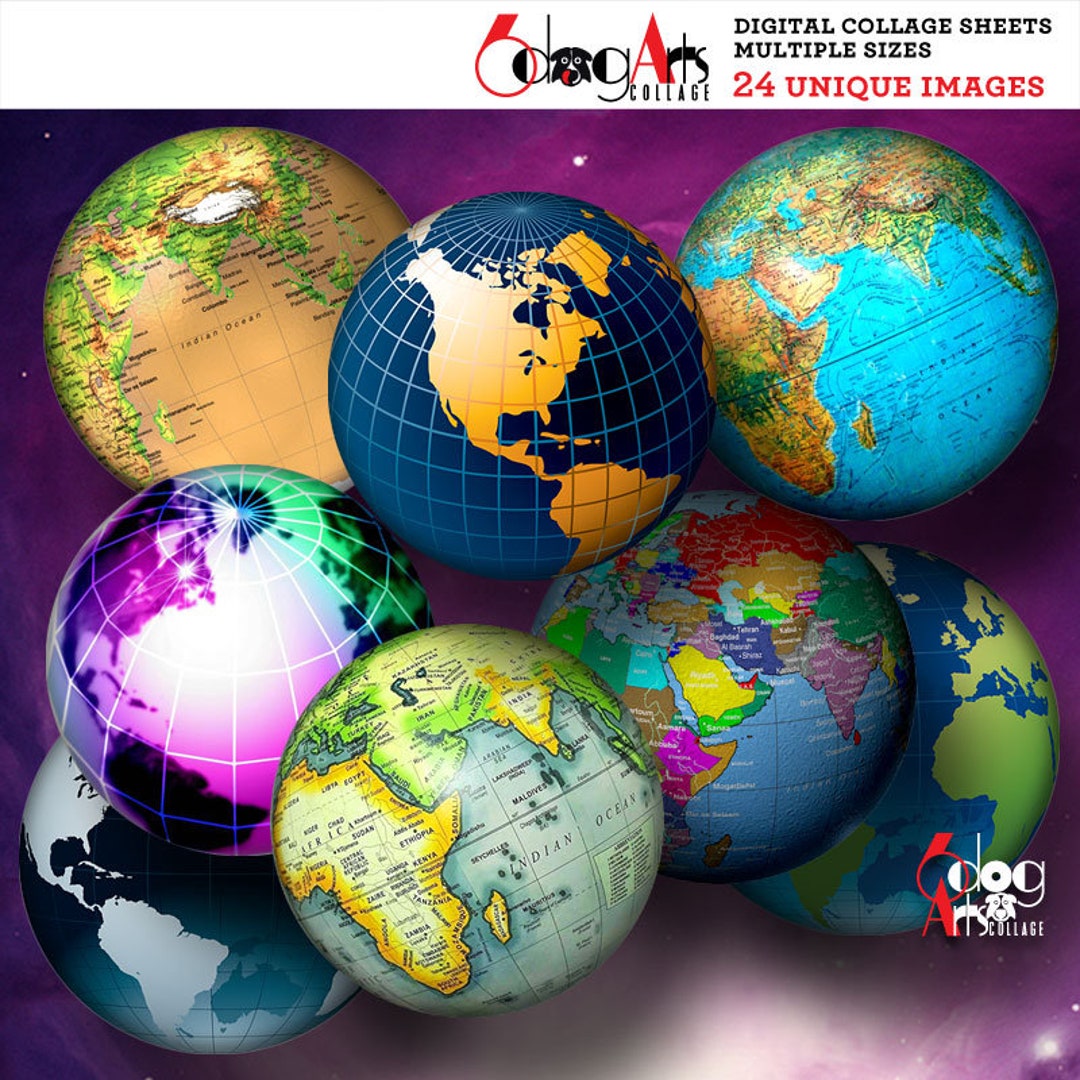 Globe Earth Map Digital Collage Sheets Printable Downloads for Mini ...