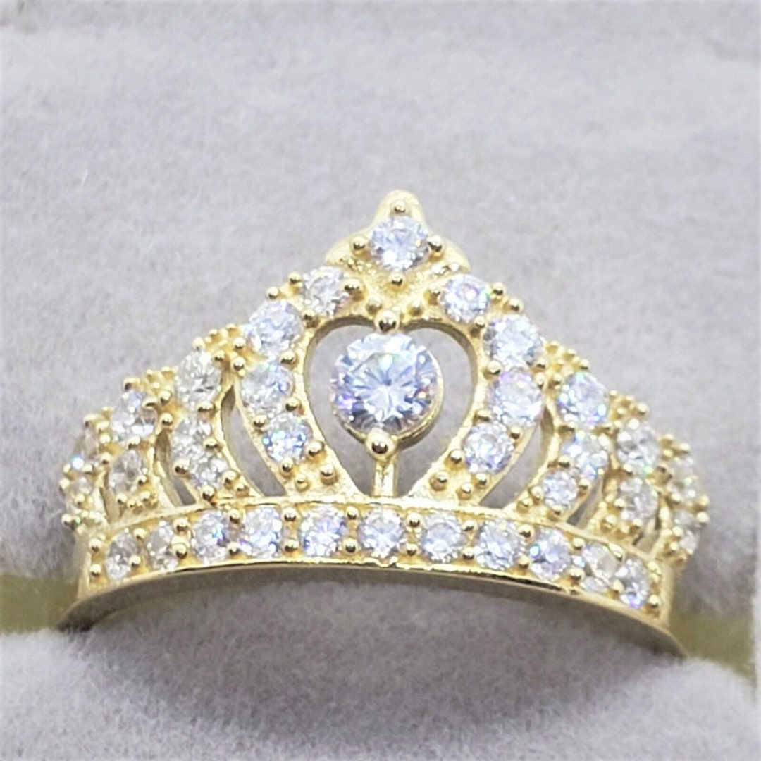 10K Solid Yellow Gold Royal Crown Ring With CZ - Etsy