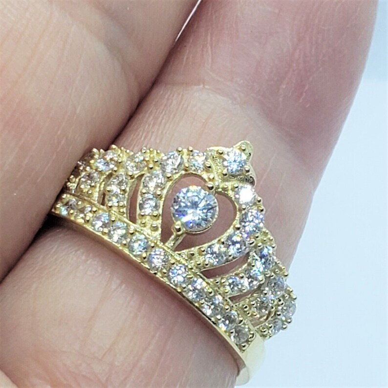 10K Solid Yellow Gold Royal Crown Ring With CZ - Etsy