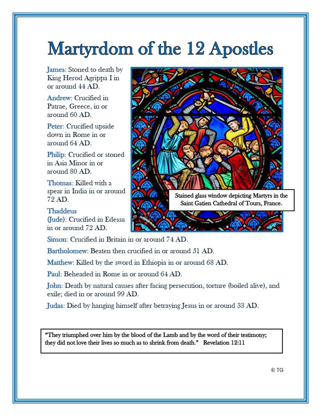 Printable Bible Study Chart, Illustrated Diagram, “martyrdom of the 12 ...
