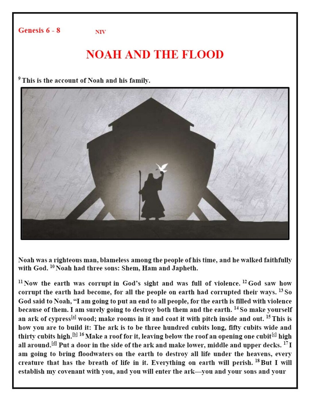 Printable Bible Study Aid, Illustrated: Genesis 6-8, Noah and the Flood/ Digital Download - Etsy