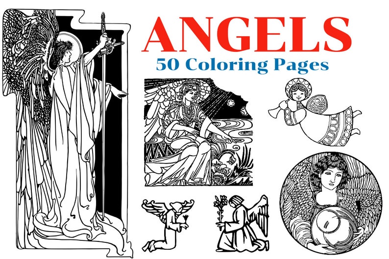 50 Coloring Pages for Adults and Teens - ANGELS - Instant Digital ...