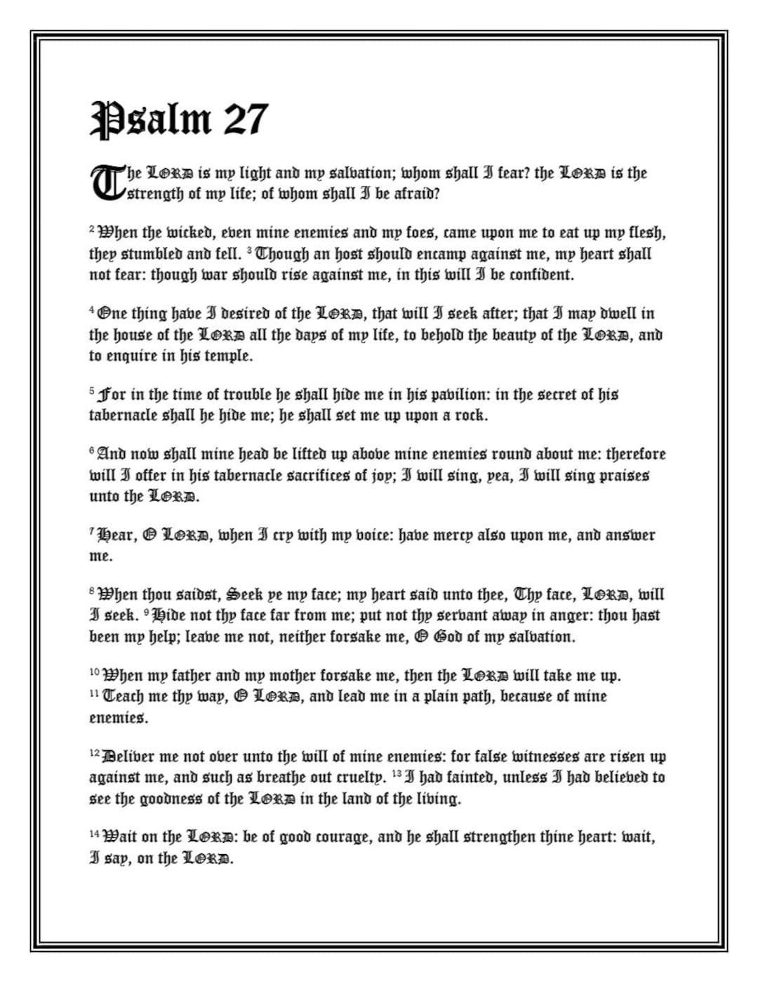 Printable Wall Art/ Psalm 27, King James Version /beautiful Old English ...