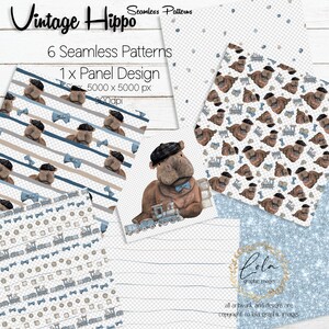 Watercolor Vintage Hippo Seamless Pattern Cute Baby Blue Graphics Hand ...