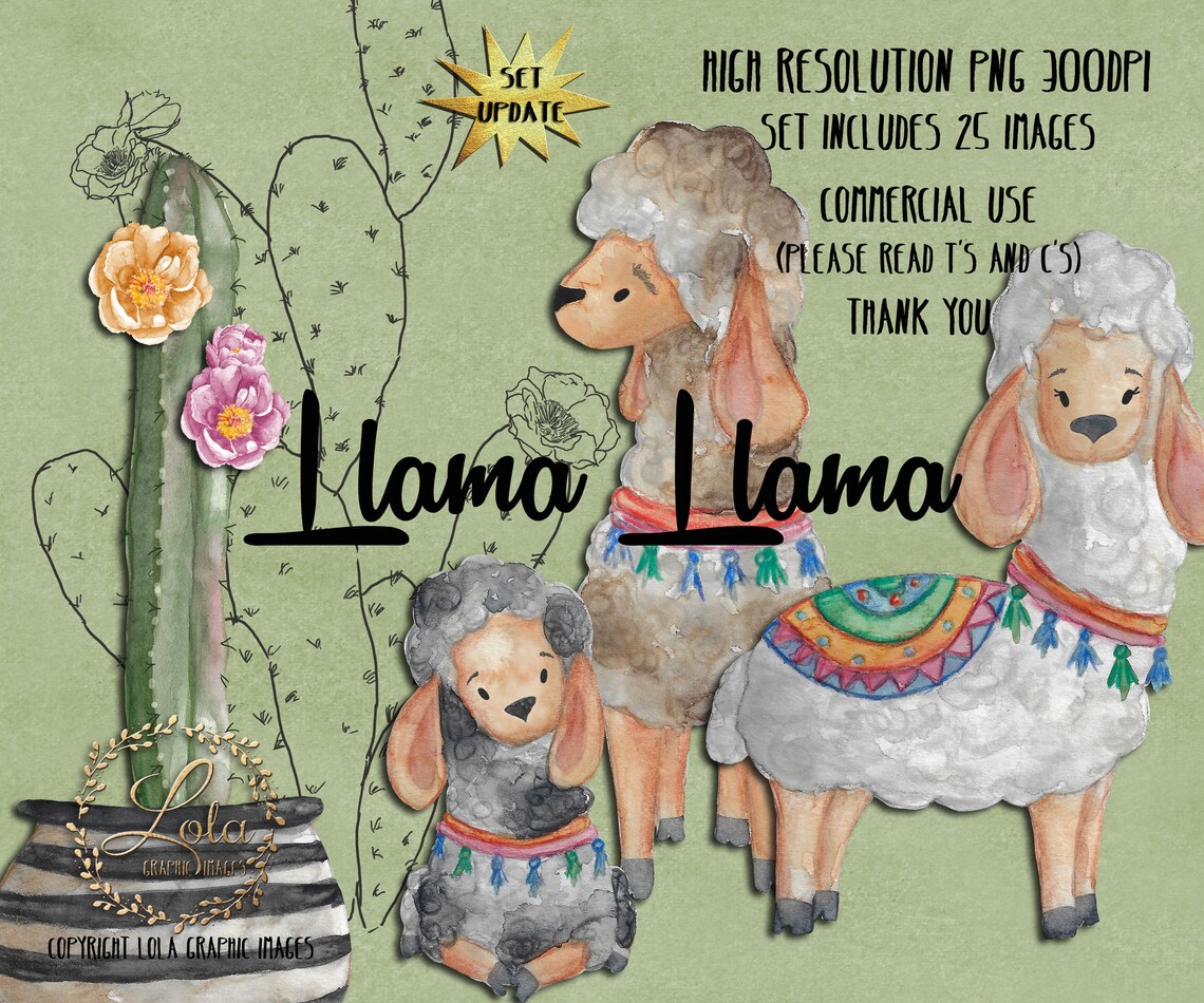 Watercolor Llama Clipart Cute Alpaca Graphics Cactus Art Baby | Etsy
