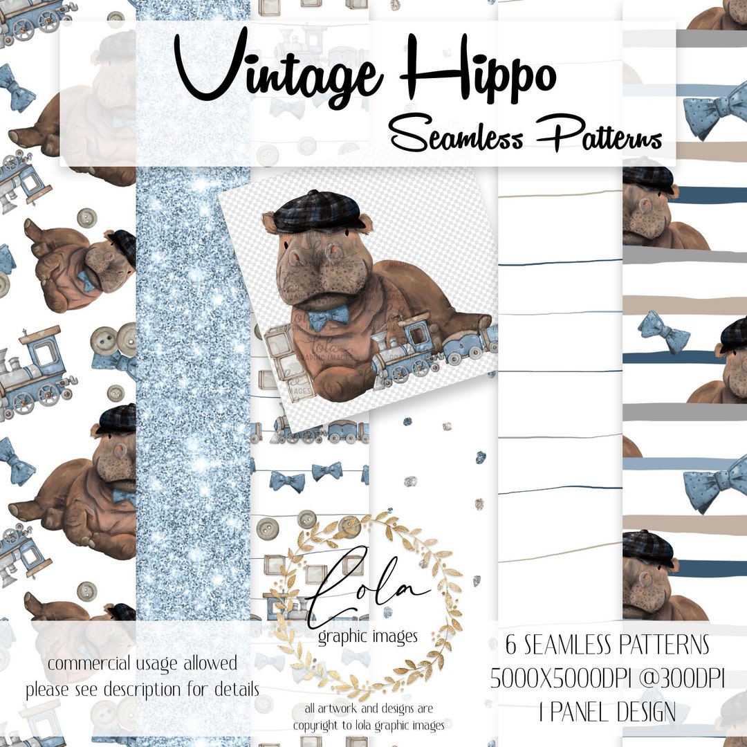 Watercolor Vintage Hippo Seamless Pattern Cute Baby Blue Graphics Hand ...