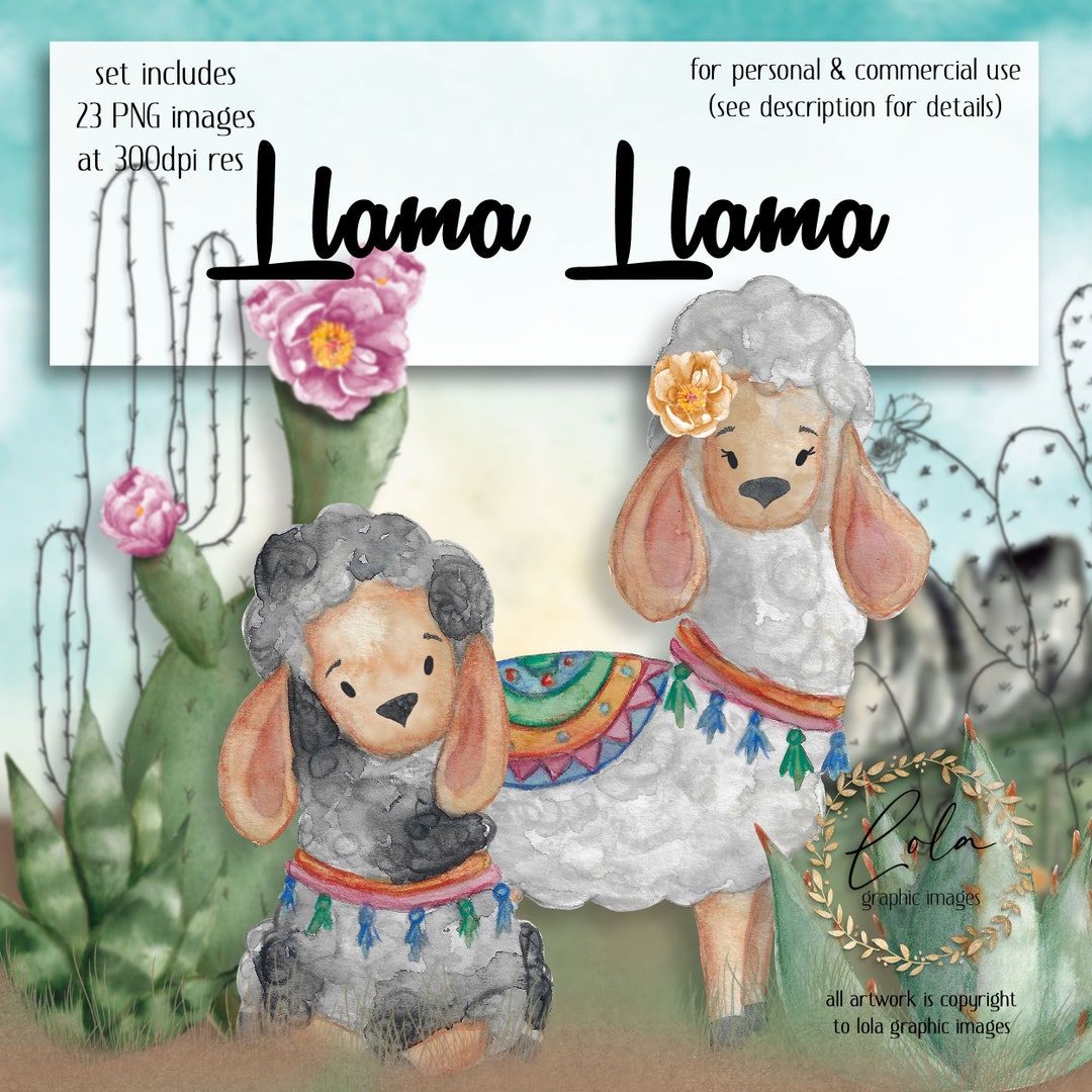 Watercolor Llama Clipart Cute Alpaca Graphics Cactus Art - Etsy