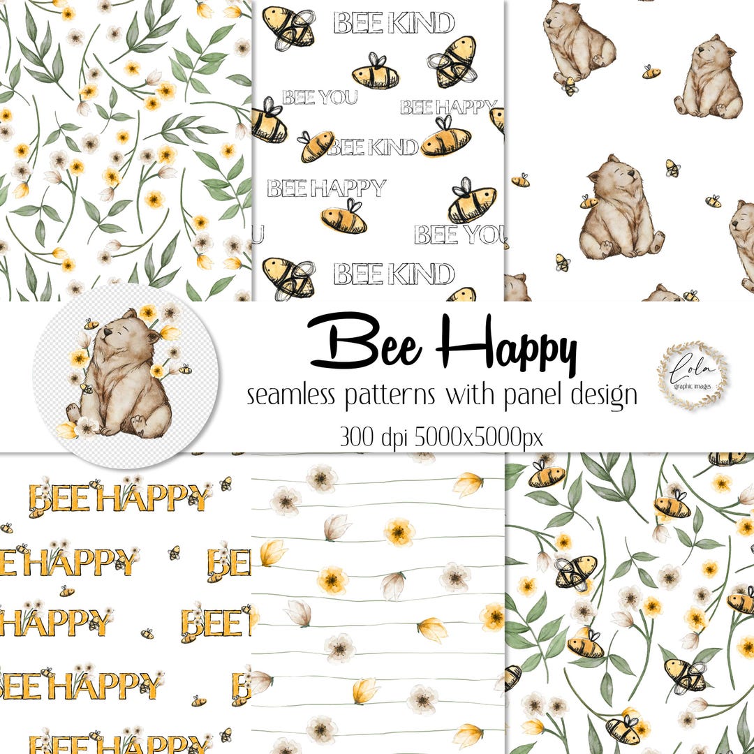 Watercolor Bee Happy Bear Seamless Pattern | Honey Bee Graphics | Hand ...