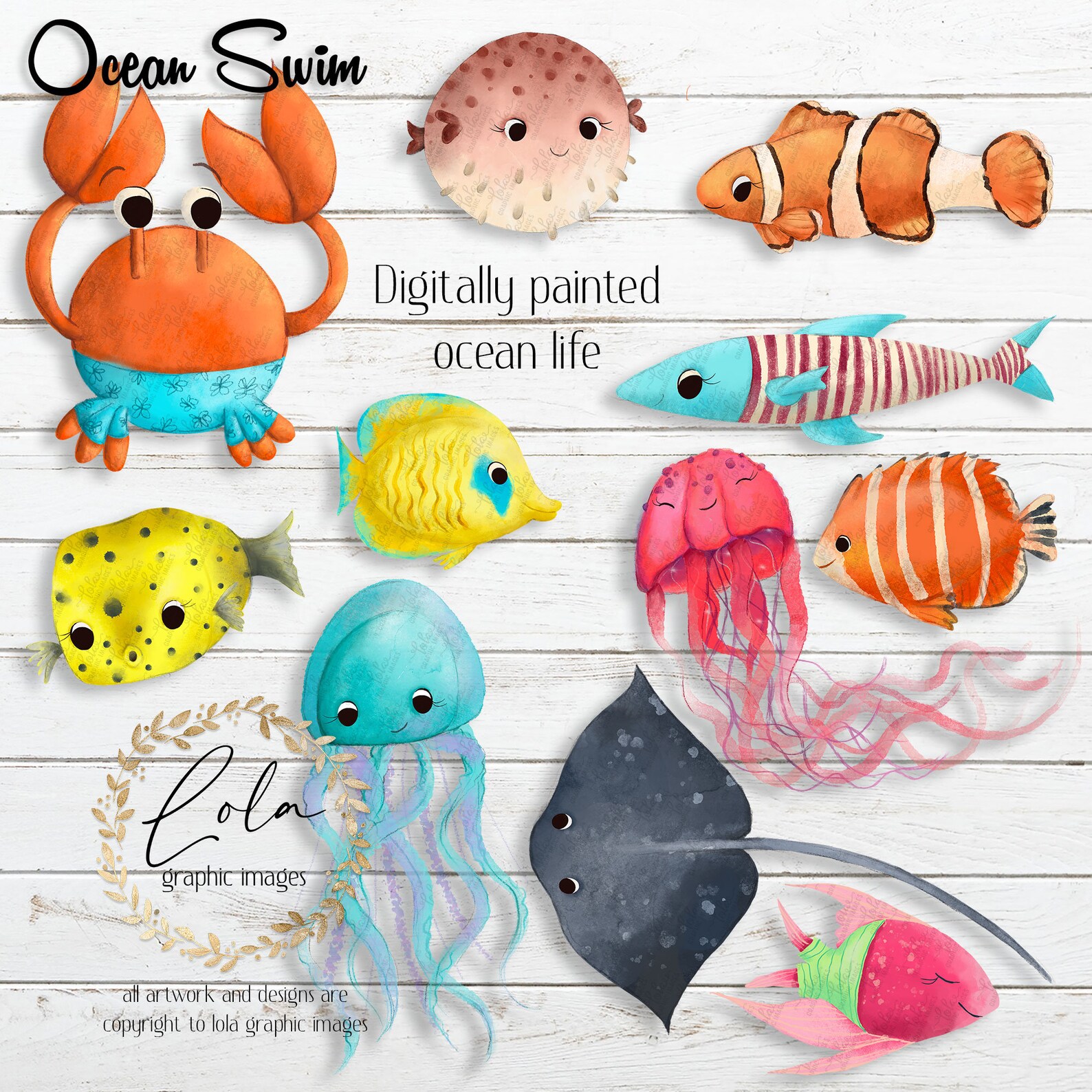 Cute Ocean Swimming Clipart Beach Aquatic Crab Fish - Etsy