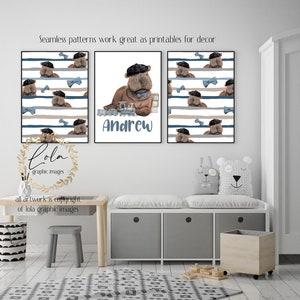 Watercolor Vintage Hippo Seamless Pattern Cute Baby Blue Graphics Hand ...