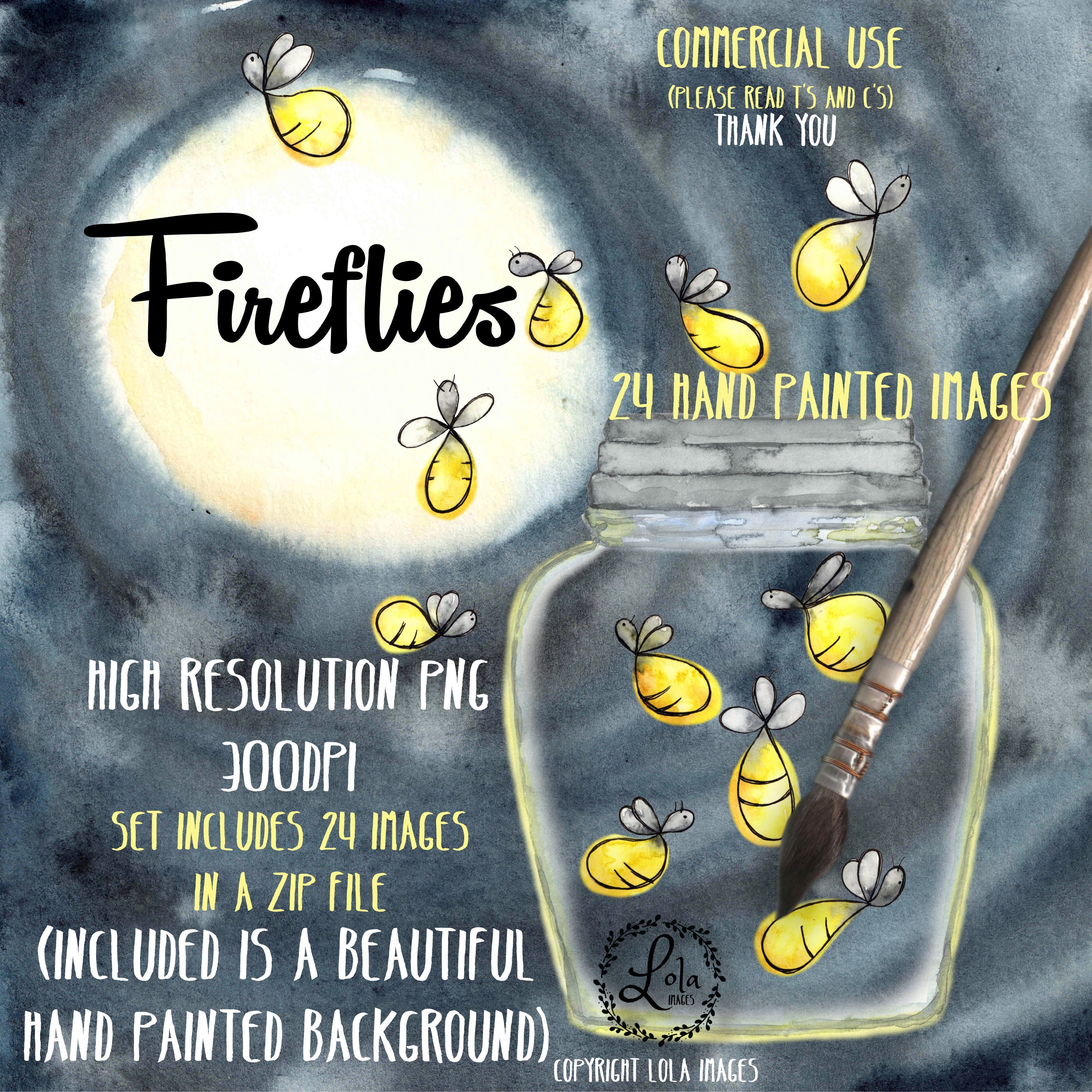 Cute Fireflies Clipart Firefly Watercolor Clipart Night Sky | Etsy