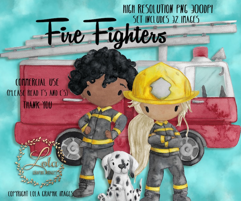 Watercolor Fire Fighter Clipart Cute Hero Printable Fireman | Etsy