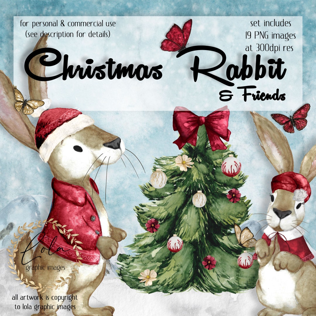 Watercolor Christmas Rabbit Clipart Bunny Images Wreath Xmas Graphics ...