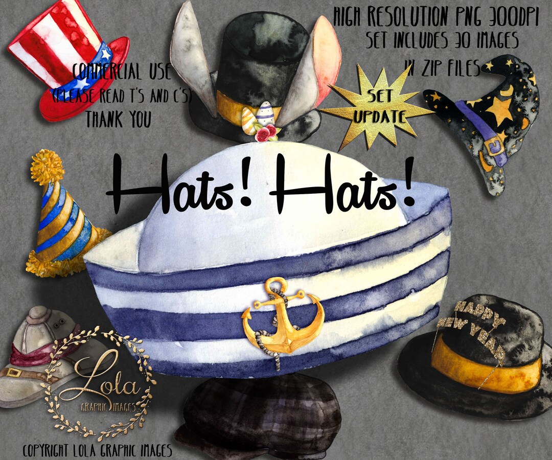 Pretty Watercolor Hats Clipart Hat Graphics Sailor Safari Hat Easter ...