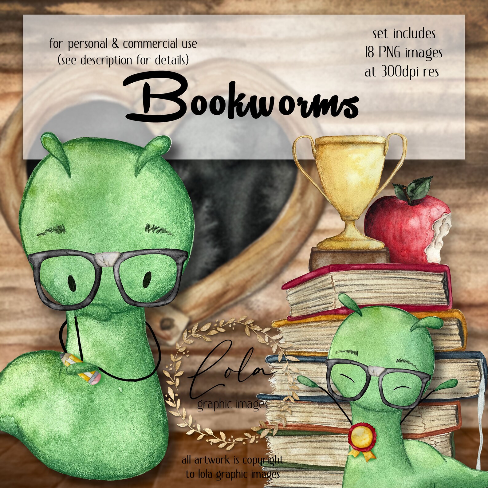 Watercolor Bookworm Clipart Back to School Images Teacher - Etsy