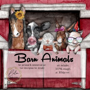 Cute Farm Animal Clipart Red Barn Graphics Pig Sheep Cow Rooster Horse ...