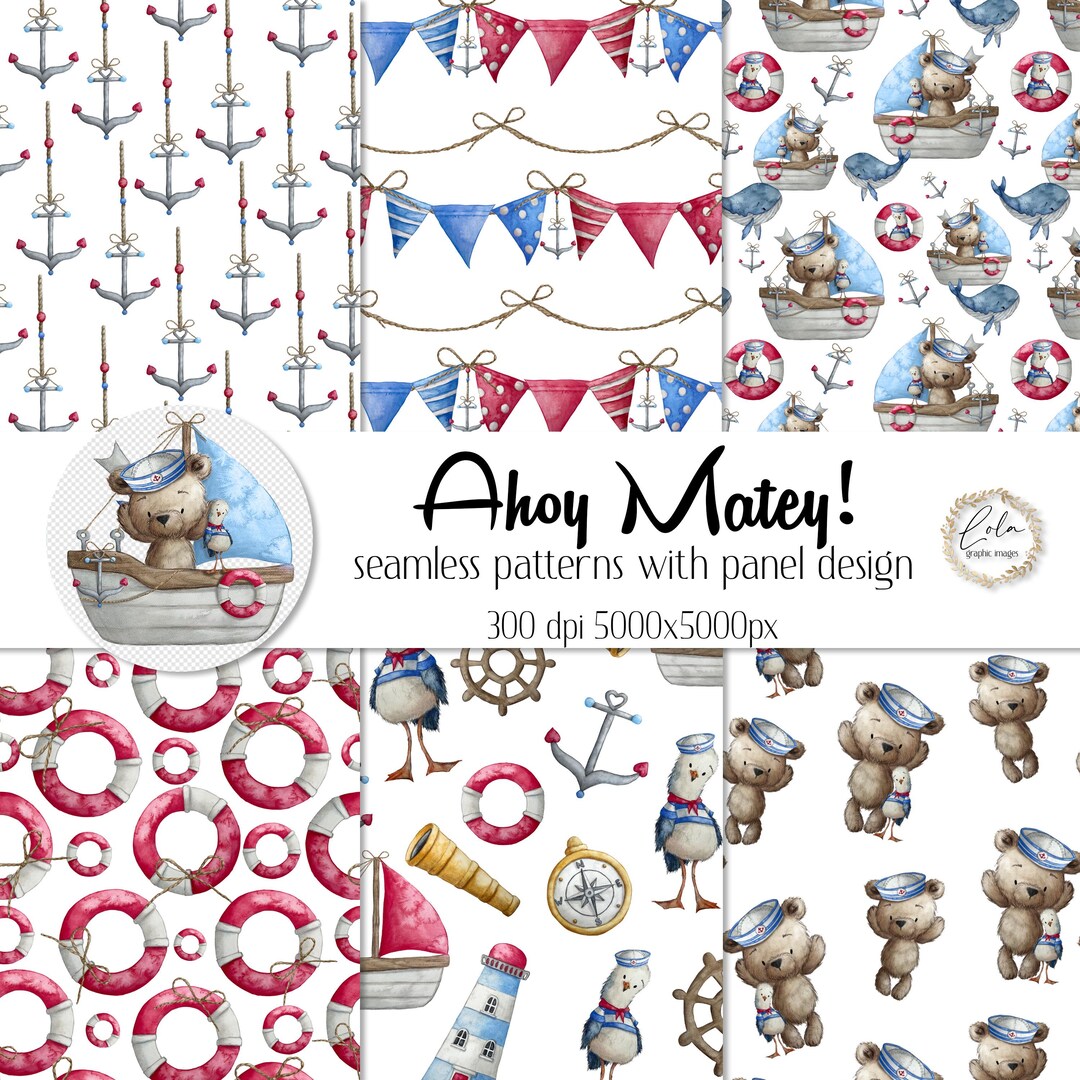 Watercolor Nautical Sailor Seamless Pattern | Teddy Bear Fabric | Baby ...