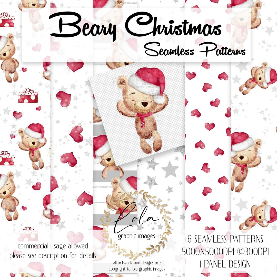Watercolor Christmas Bear Seamless Pattern Teddy Bear Graphics Hand ...