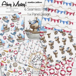 Watercolor Nautical Sailor Seamless Pattern | Teddy Bear Fabric | Baby ...
