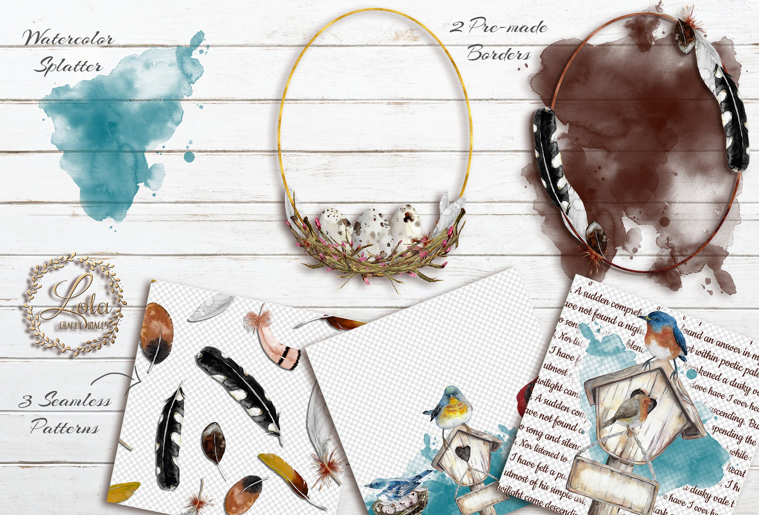 Watercolor Bird Clipart Birdhouse Graphics Birdie Eggs in Nest | Etsy