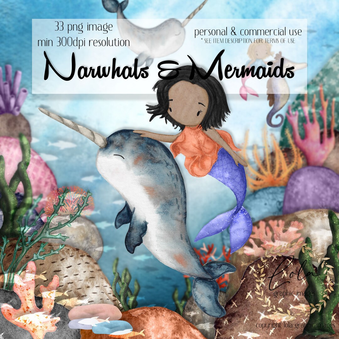 Watercolor Narwhal Clipart Whales Cute Mermaid Party Sea Unicorn Ocean ...