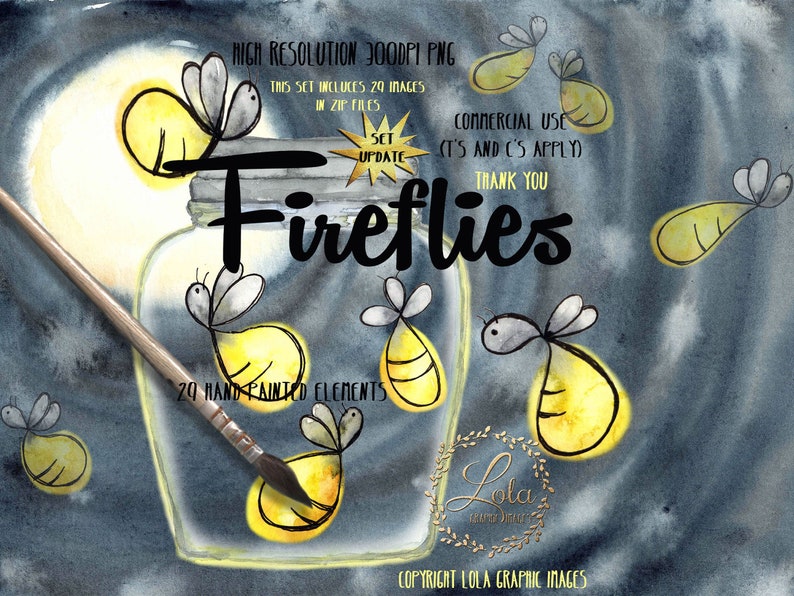 Cute Fireflies Clipart Firefly Watercolor Graphics Night Sky | Etsy