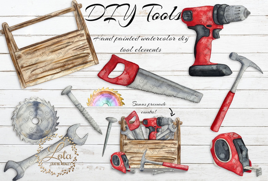 Watercolor DIY Tools Clipart Handyman Images Hammer | Etsy