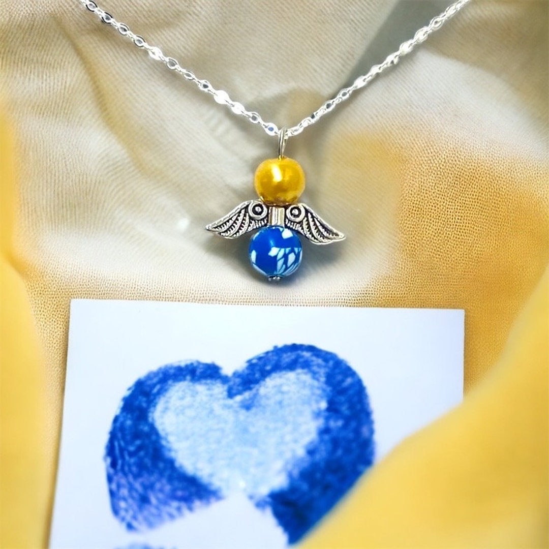 Yellow Pearl Blue and White Flower Bead Angel Wing Charm Necklace - Etsy