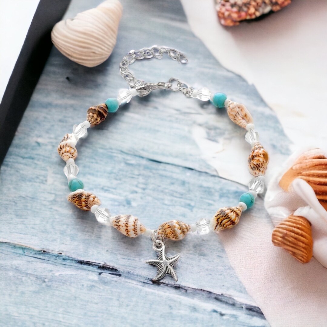Sea Shell Turquoise Bead Silver Chain Anklet - Etsy