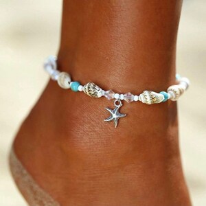 Sea Shell Turquoise Bead Silver Chain Anklet - Etsy