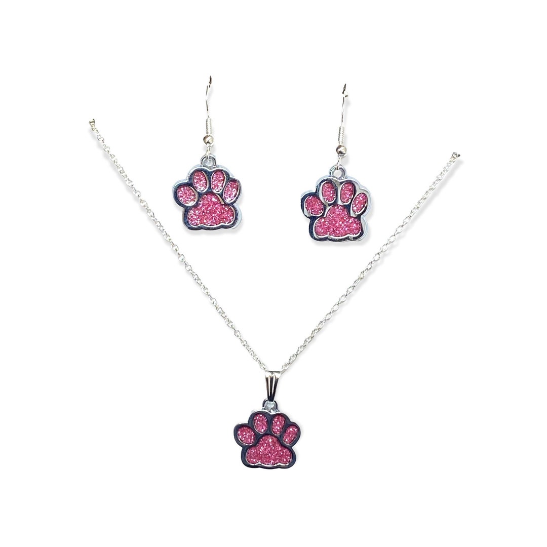 Light Pink Glitter Paw Print Silver Rope Necklace and Earrings - Etsy