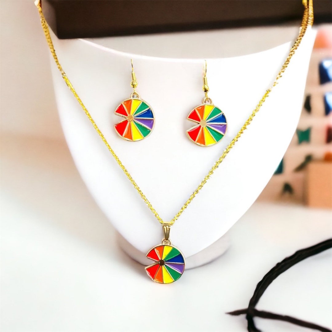 Rainbow Gold Plated Color Wheel Necklace and Earrings Set - Etsy