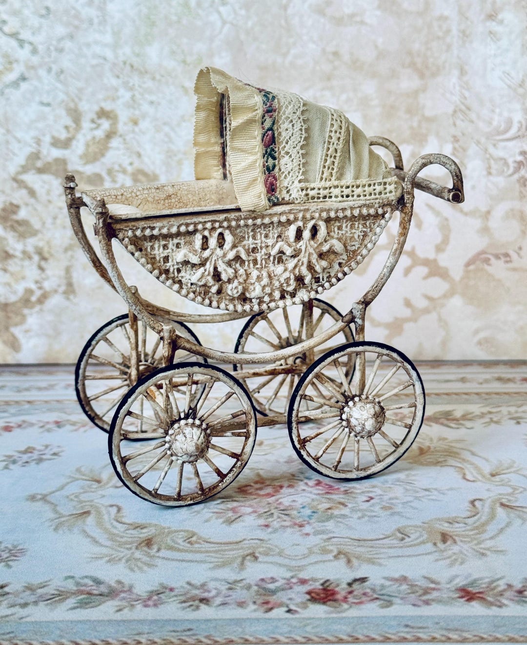 Miniature Baby Carriage Dollhouse Victorian Shabby Chic Pram 1.12 Scale ...
