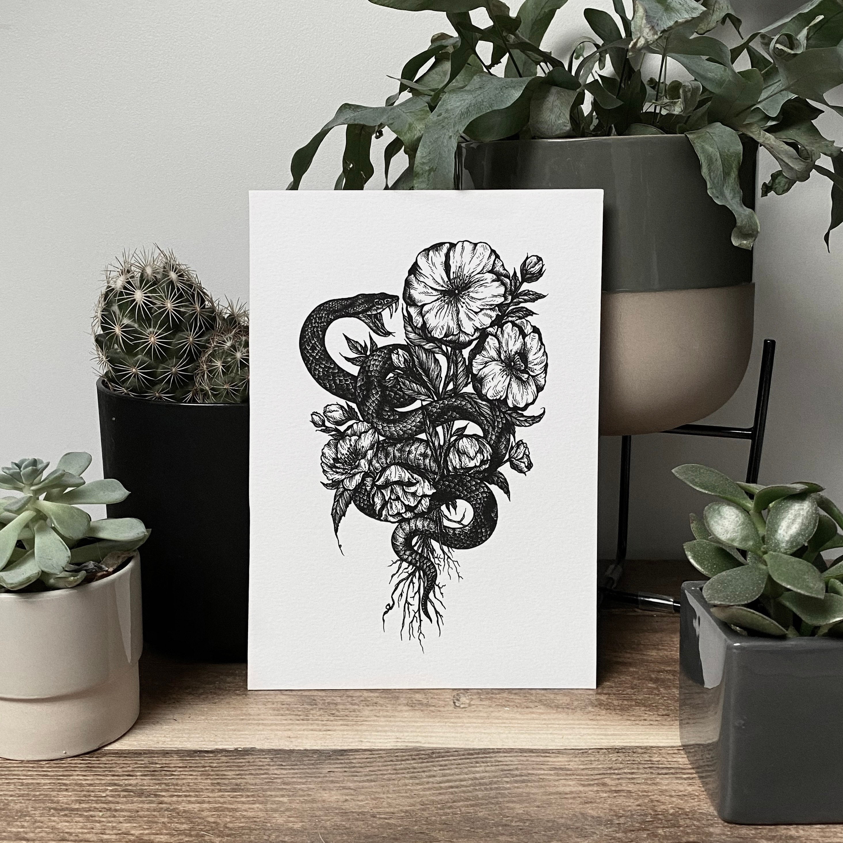Floral snake art print dotwork illustration original - Etsy.de